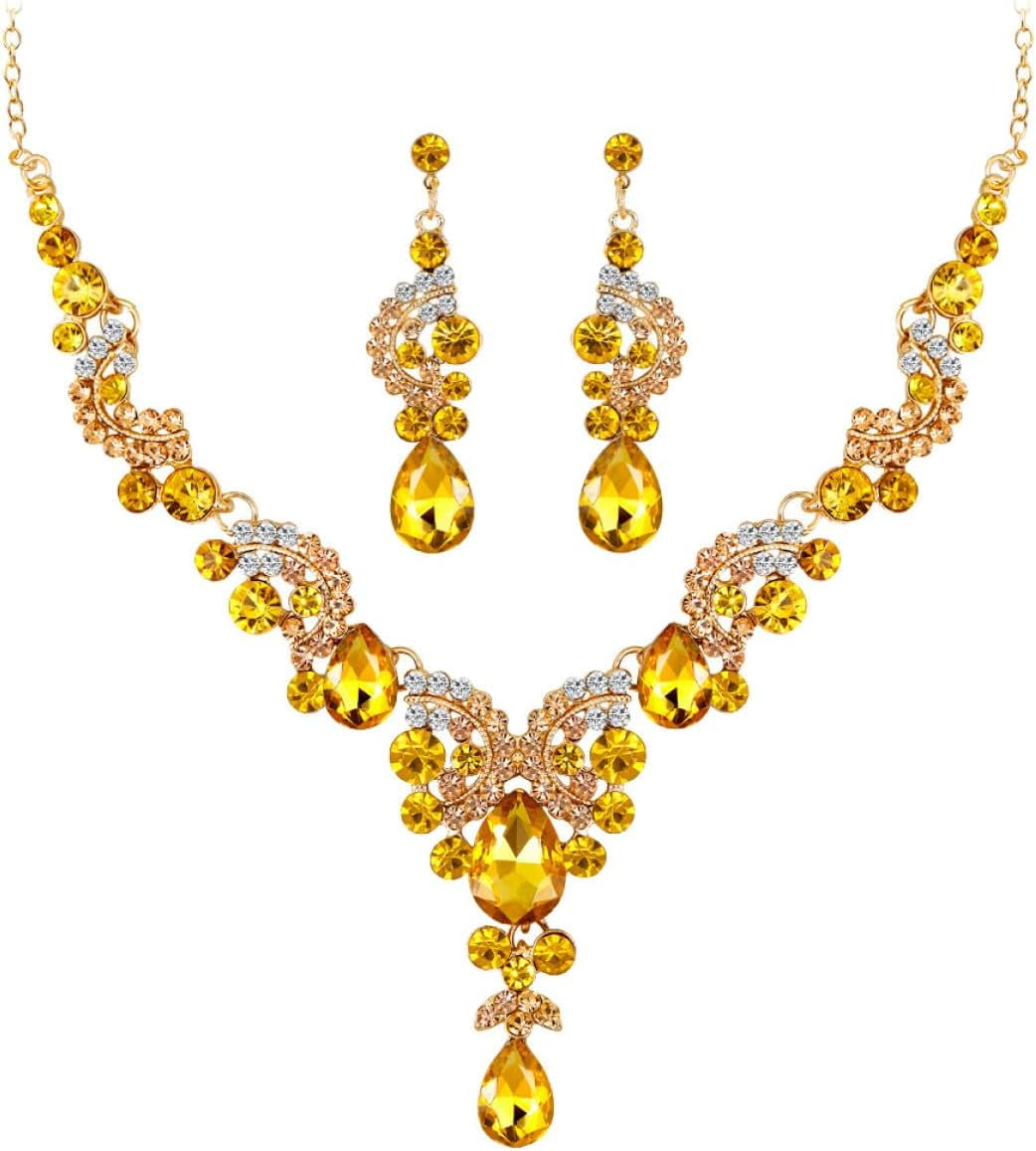 Bridal Crystal Necklace Earrings Light Gold Color Elegant Women ...