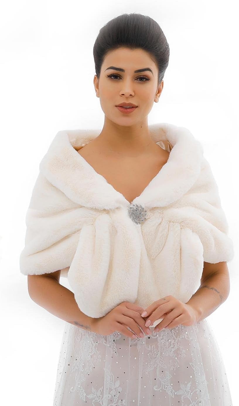Bridal Faux Fur Wraps and Shawls Wedding Fur Stole Scarf with Brooch ...