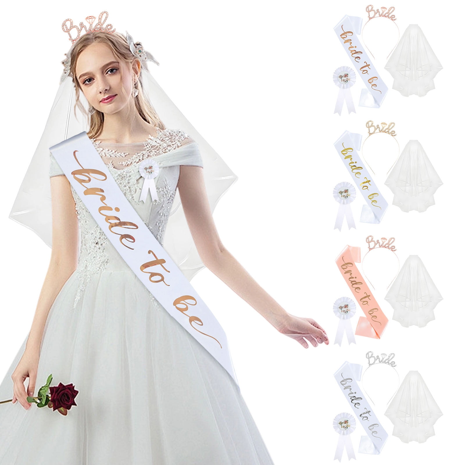 Bridal Headband Set,4-Piece Headveil Strap Badge,Elegant Satin Fabric ...