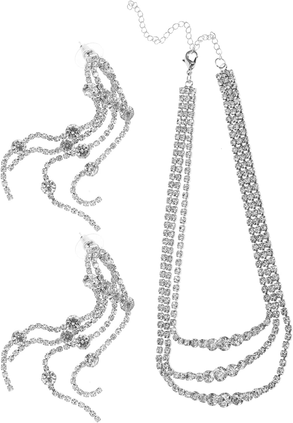 Bridal Jewelry Set Silver Prom Necklace and Dangle Earrings for Women ...