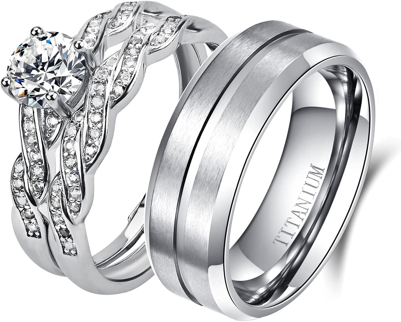 Bridal Set Couple Ring His Hers White Gold Plated CZ Stainless Steel ...