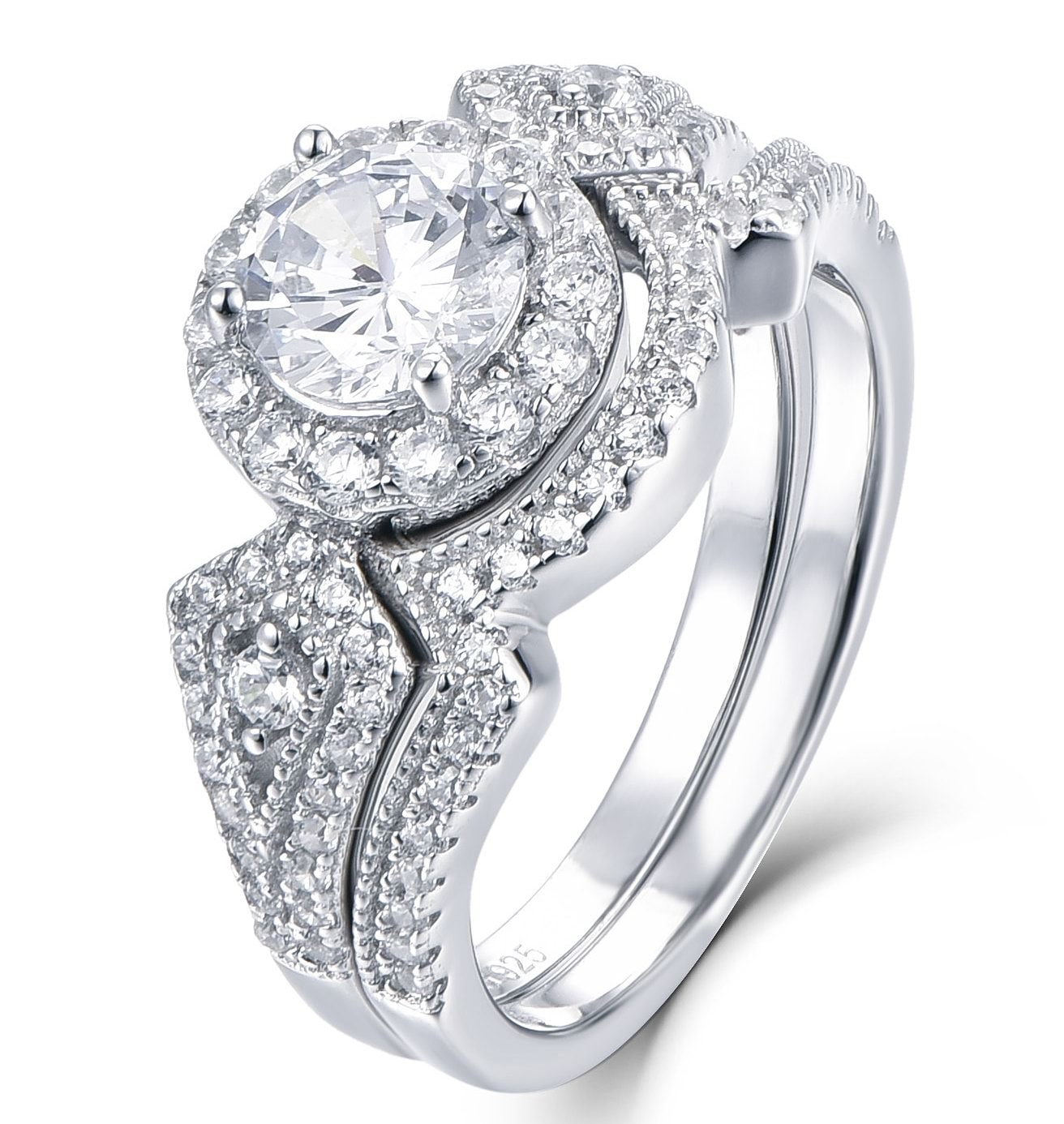 Bridal Set Round Cut Halo Engagement Ring, Milgrain Half Eternity ...