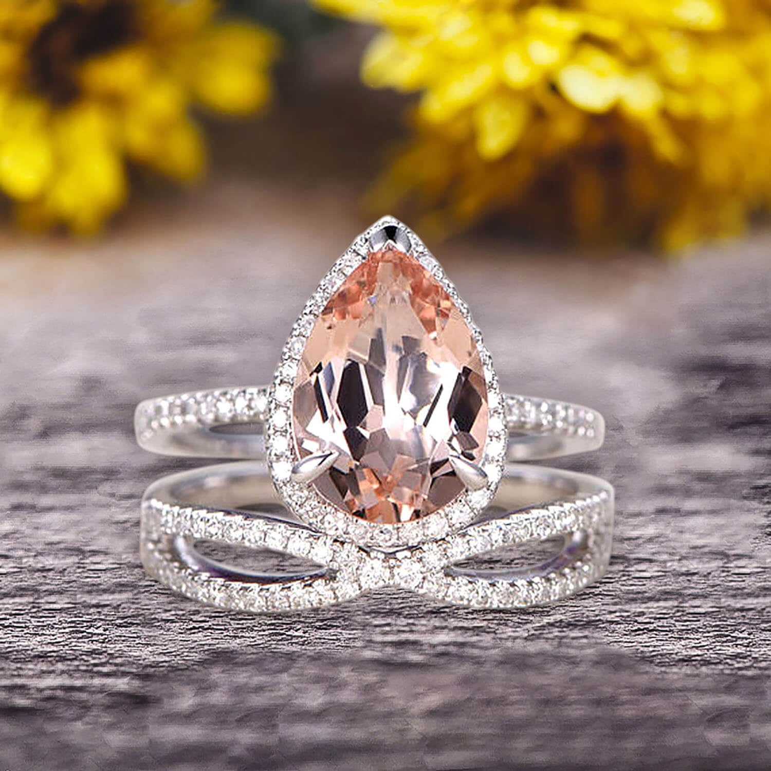 Bridal Set Tear Droped Morganite Engagement Ring 1.75 Carat Pear Shape ...