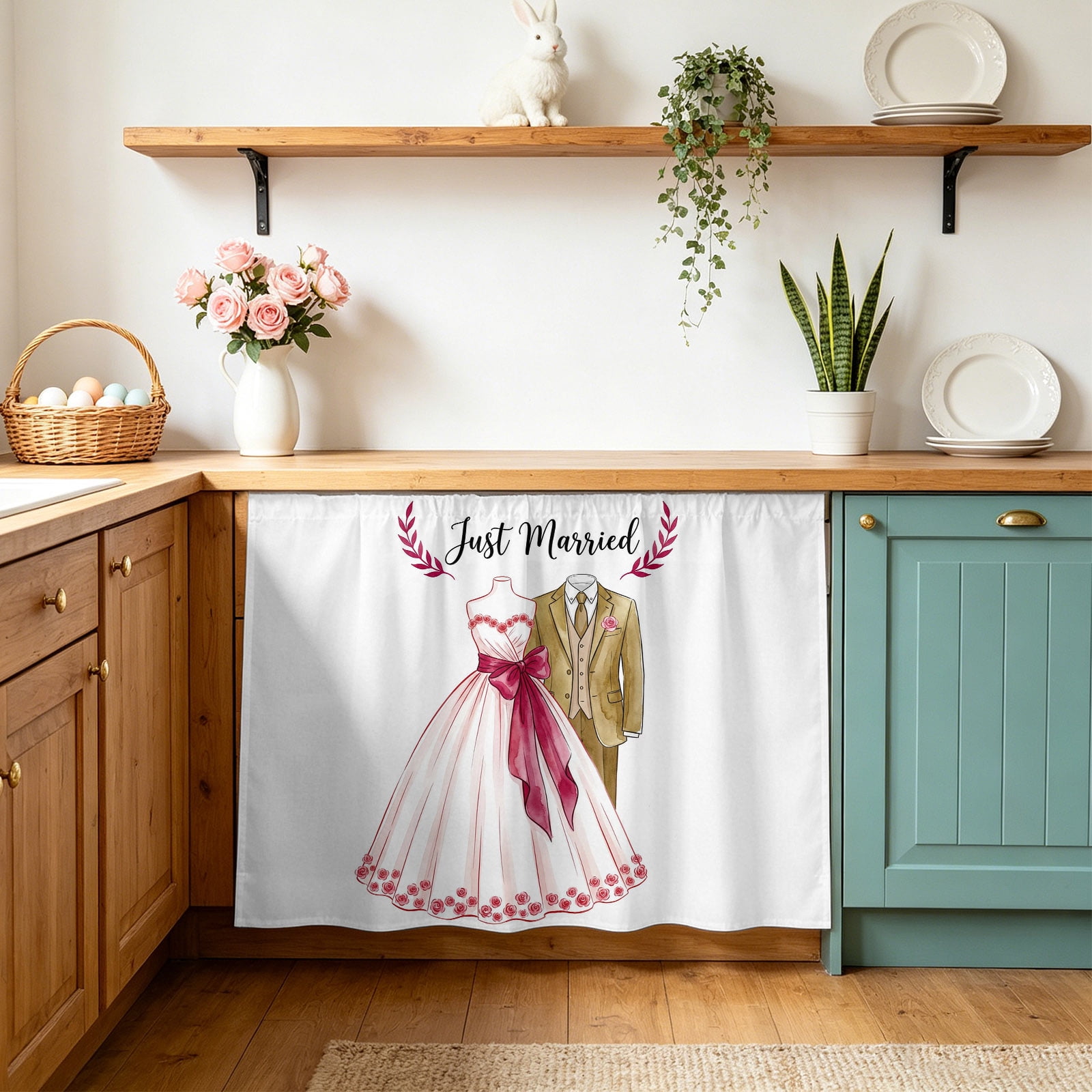 Bridal Shower Cabinet Curtains 11" W x 13" L Just Married Wedding Dress ...