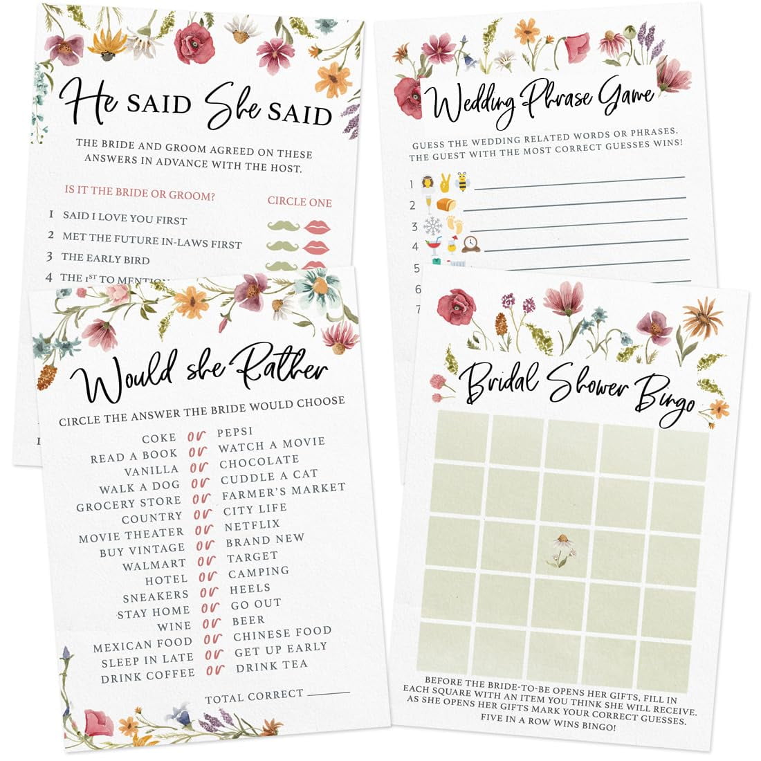 Bridal Shower Card Game Set, 4 Activities for 30 Guests, Floral Design ...