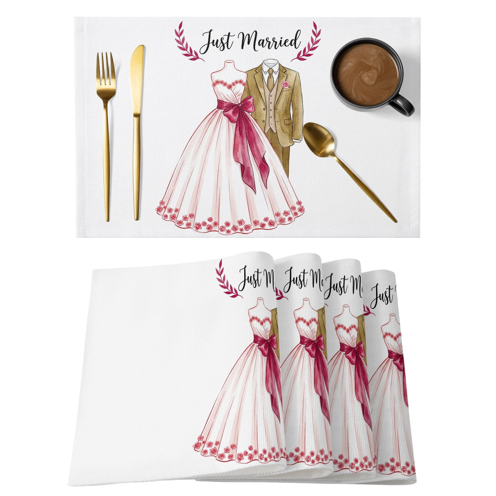 Bridal Shower Cotton Linen Placemats Set of 1, Just Married Wedding ...