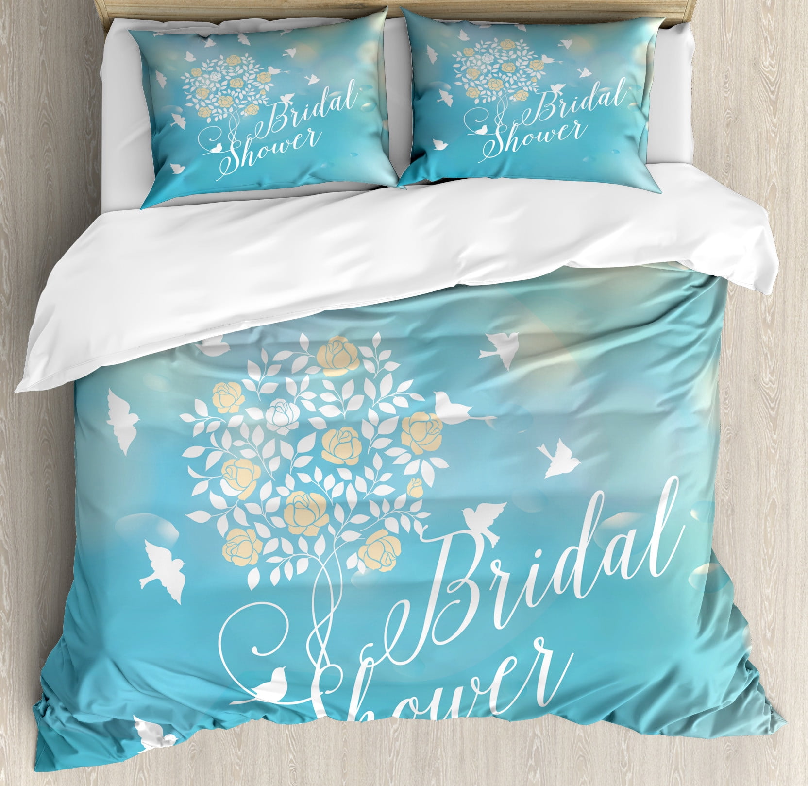 Bridal Shower Duvet Cover Set, Clear Sunny Summer Sky Birds Flowers ...