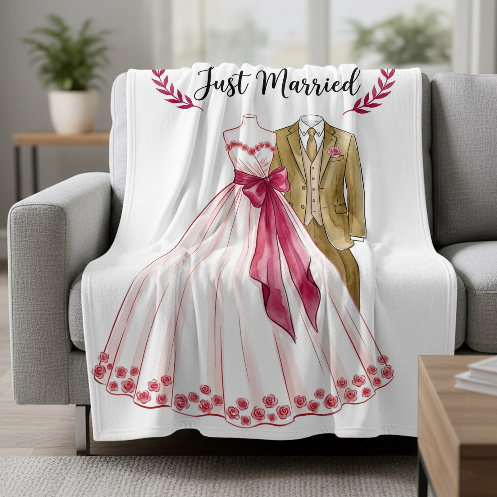 Bridal Shower Fleece Throw Blanket Just Married Wedding Dress Groom ...
