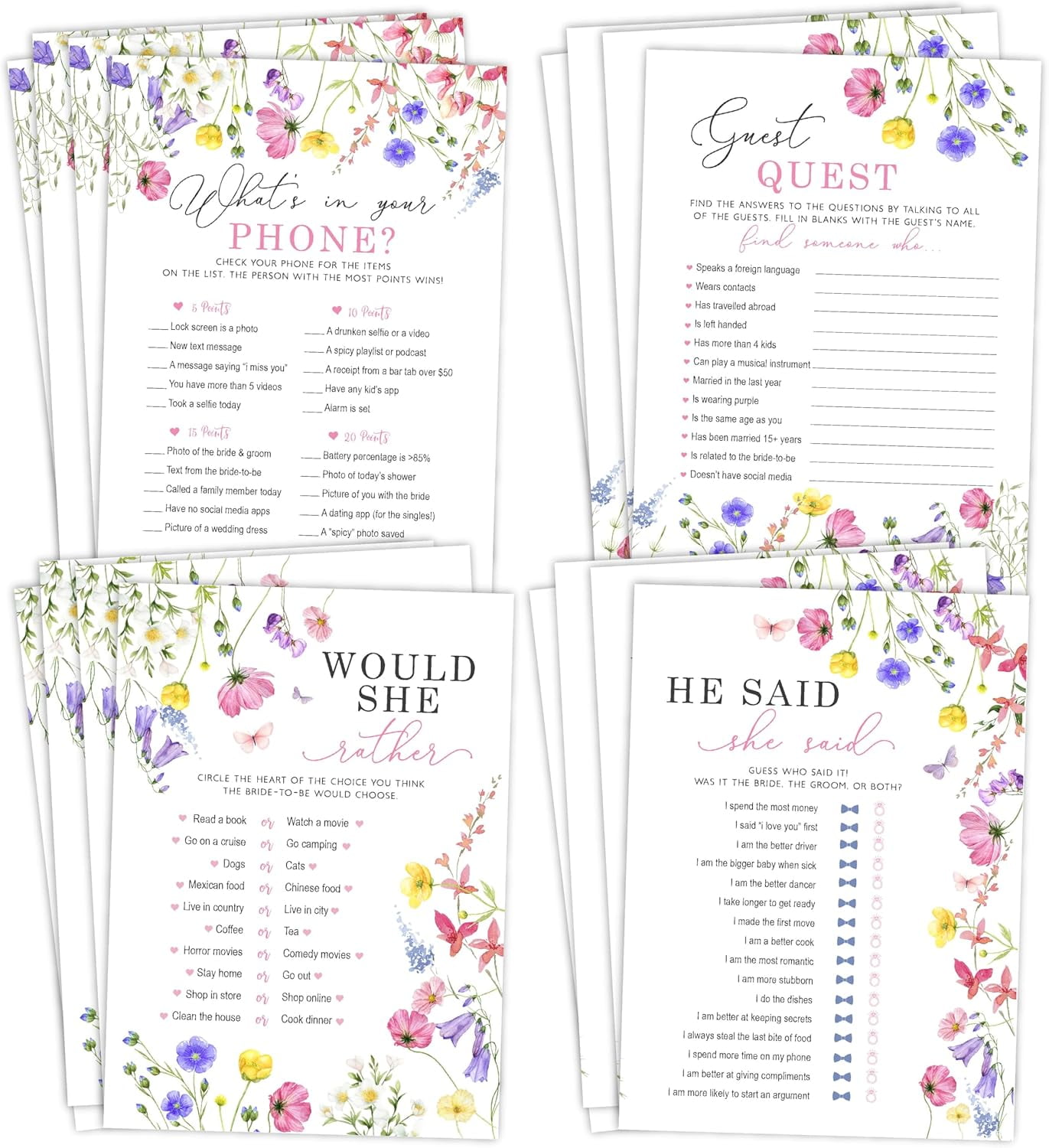 Bridal Shower Game Bundle – 4 Floral Games Included for 30 Guests: What ...