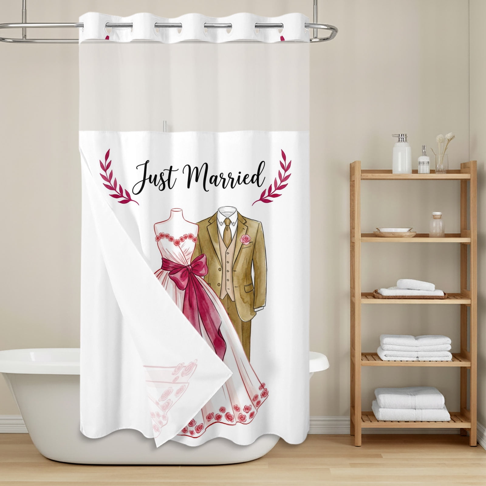 Bridal Shower No Hook Shower Curtain with Snap in Liner, Just Married ...