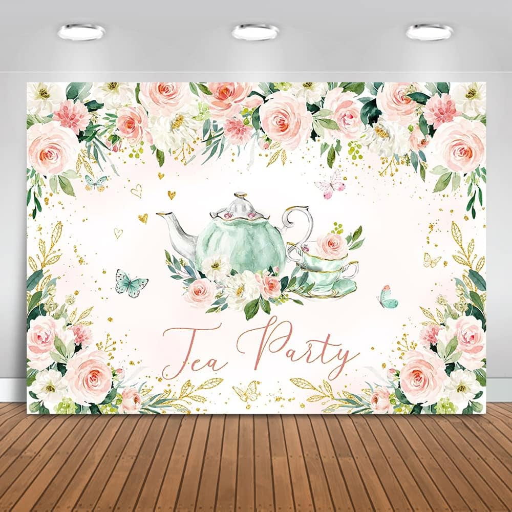 Bridal Shower Tea Party Backdrop Time for Tea Pink Floral Background ...