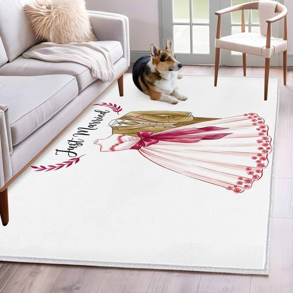 Bridal Shower Washable Area Rug 2.7x5 Just Married Wedding Dress Groom ...