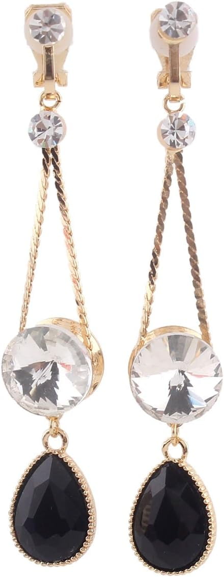 Bridal Vintage Black Austrian Crystal Water Drop Clip on Earrings Non ...