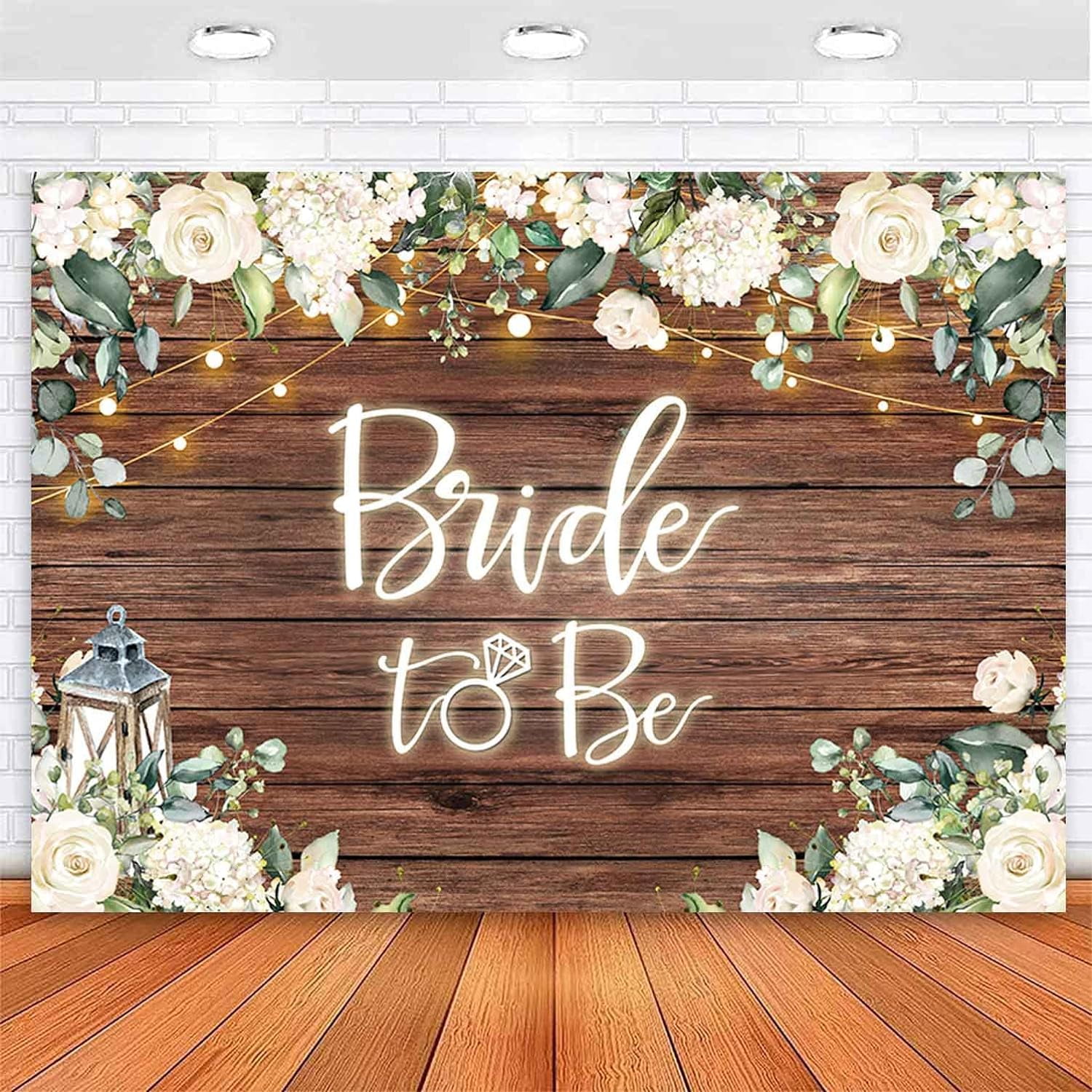 Bride to Be Bridal Shower Backdrop Rustic White Flowers Brown Wooden Wall Engagement Party ...