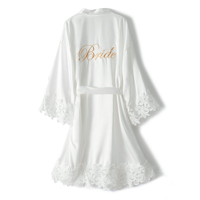 Bride Bridesmaid Robes with Lace Trim Embroidery Silky Satin Bathrobe ...