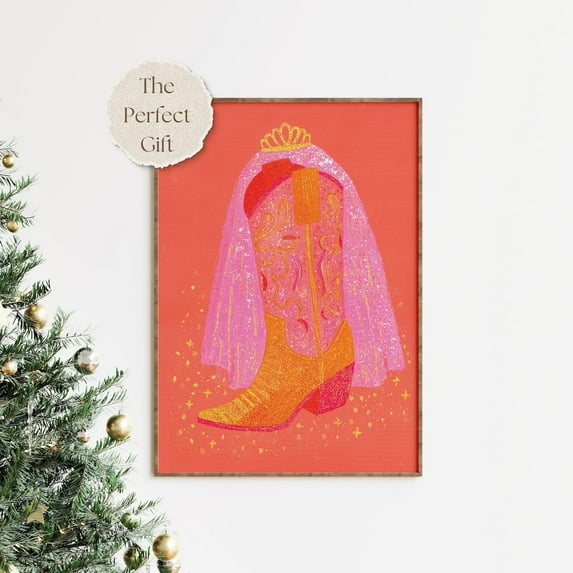 Bride Cowgirl Boots With Veil Print Western Wedding Wall Art Sparkly ...