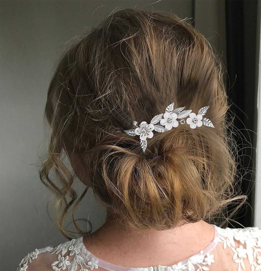 Bride Flower Wedding Hair Comb Silver Leaf Bridal Headpiece Rhinestone ...