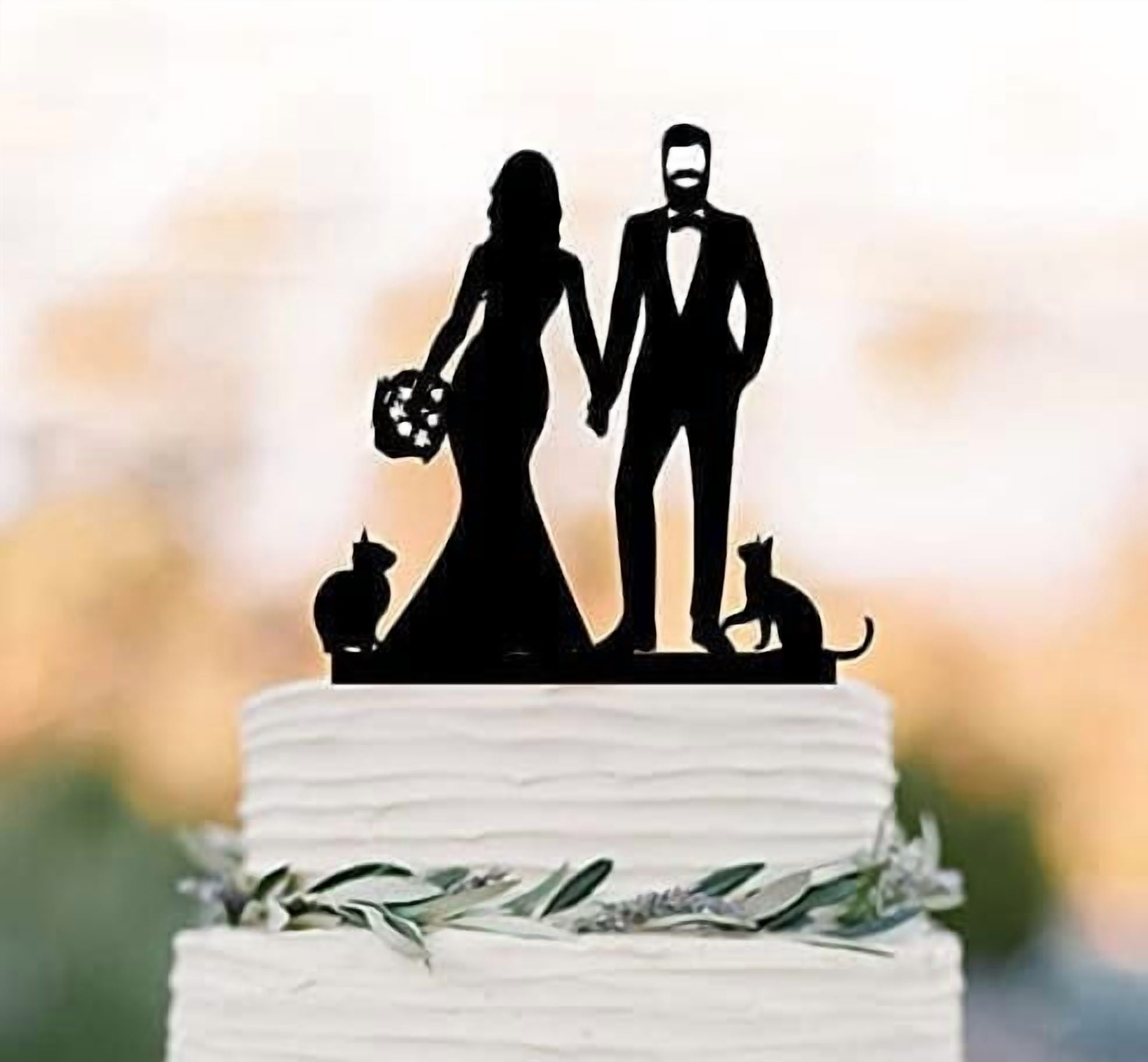 Bride and Groom with Beard Silhouette Wedding Cake Topper with Cats, 2 ...