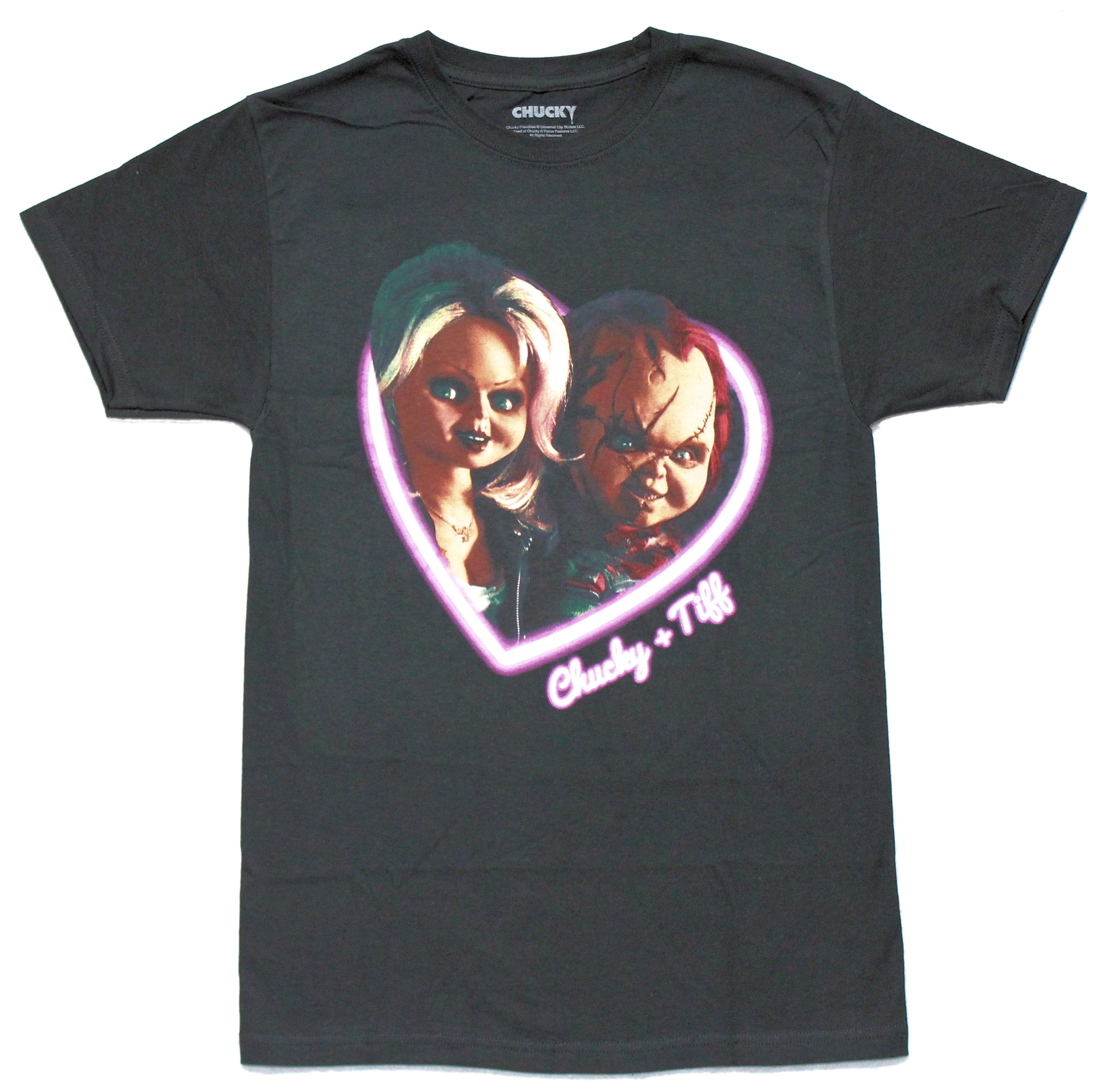 Bride Of Chucky Mens T-Shirt -Chucky + Tiff In Glowing Pink Heart ...