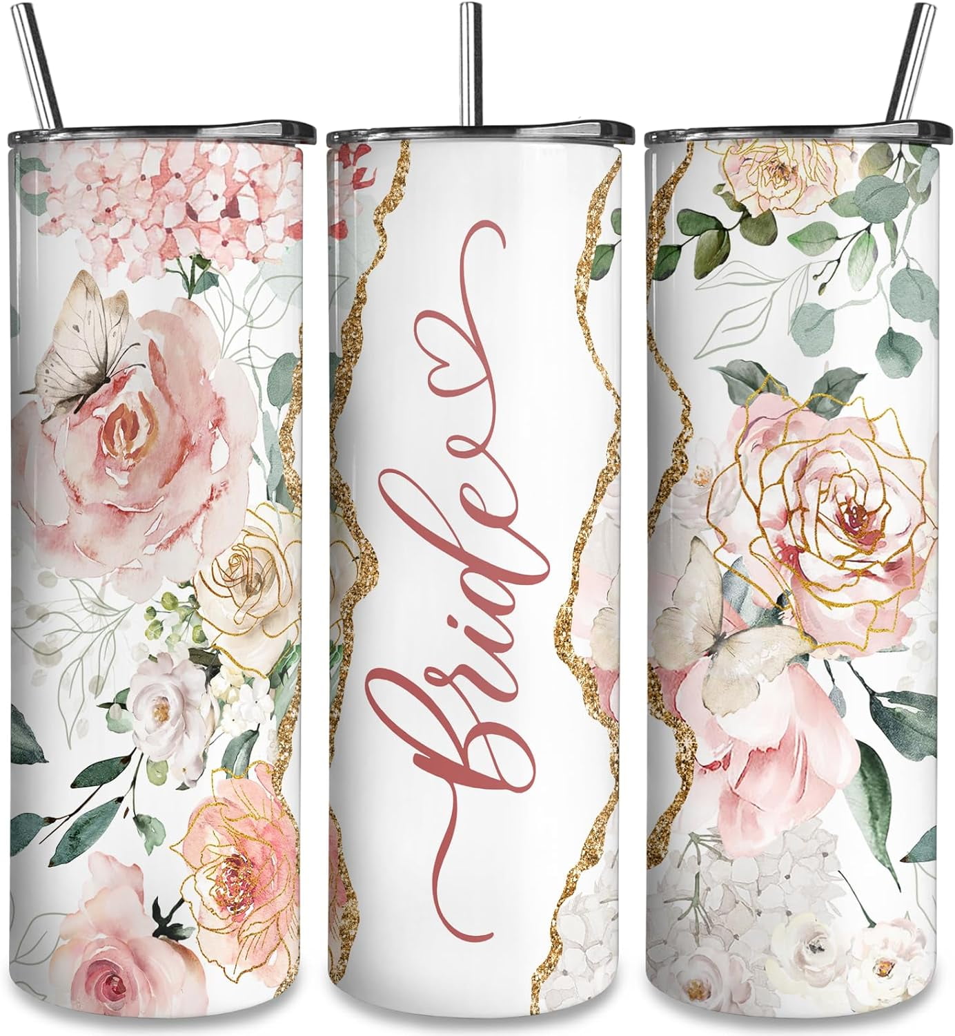 Bride Tumbler Pink Floral Bride Travel Mug 20 oz Skinny Tumblers with ...