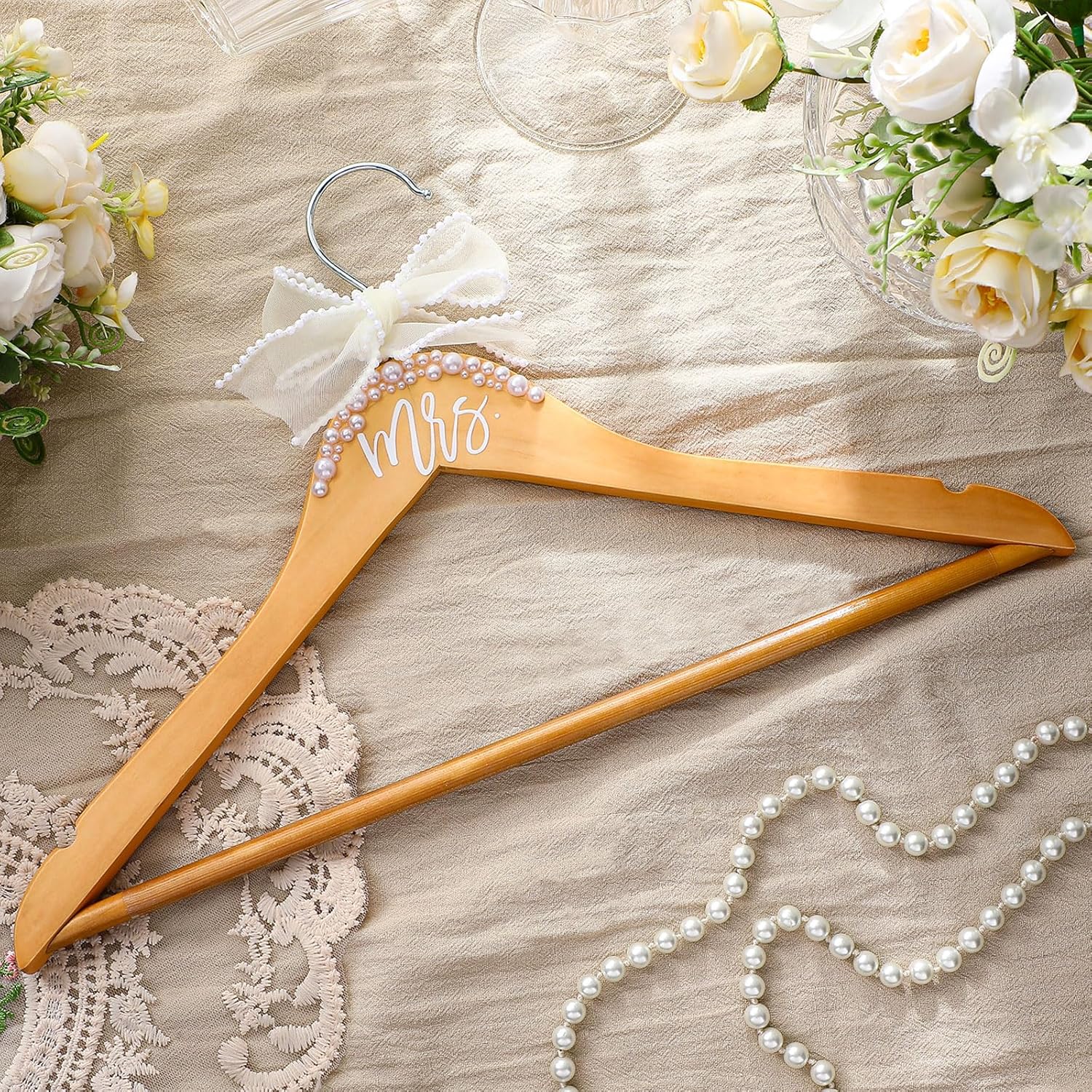 Bride Wedding Dress Pearl Mrs. Hanger with Pearl Ribbon Bow Elegant ...