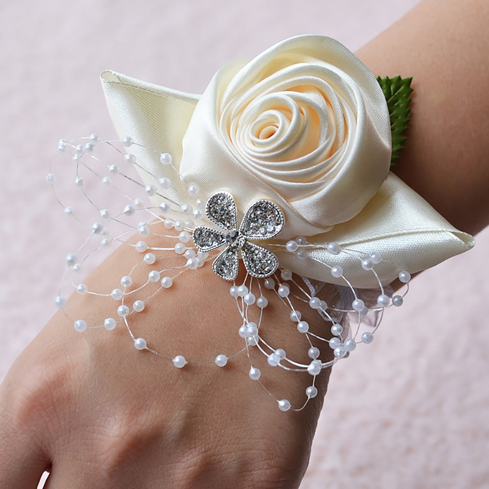 Bridesmaid Sisters Wrist Corsage Flowers Ribbon Rhinestone Wedding ...