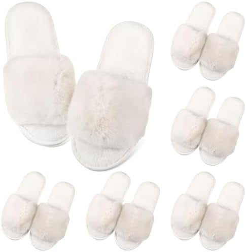 Bridesmaid Slippers Set of 6 White Fuzzy Slippers for Women Bulk Fluffy ...