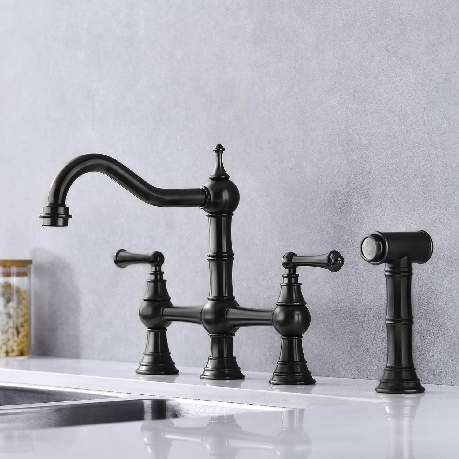 Bridge Dual Handles Kitchen Faucet with Pull-Down Sprayhead in Spot ...