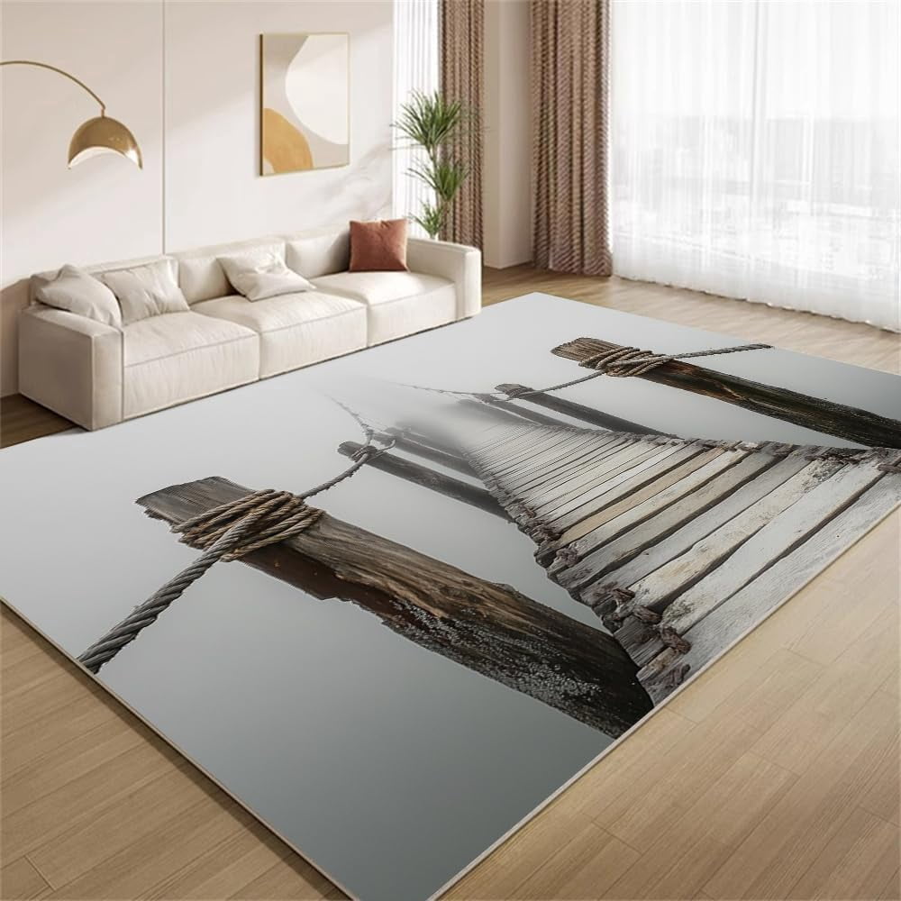 Bridge Landscape Area Rugs, Mist Suspension Bridge Gray Landscape ...