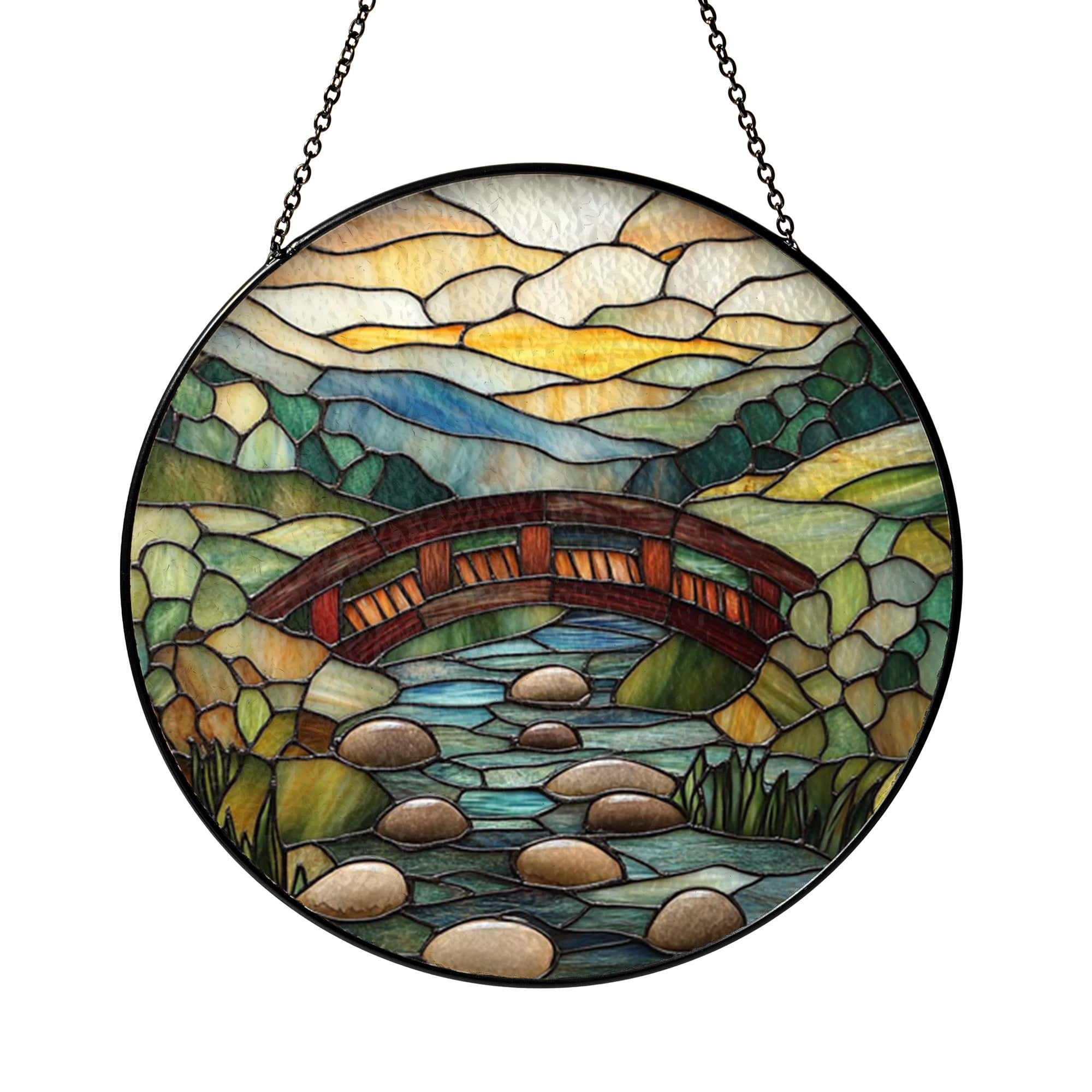 Bridge Landscape Stained Glass-Style Window Suncatcher, Real Glass ...