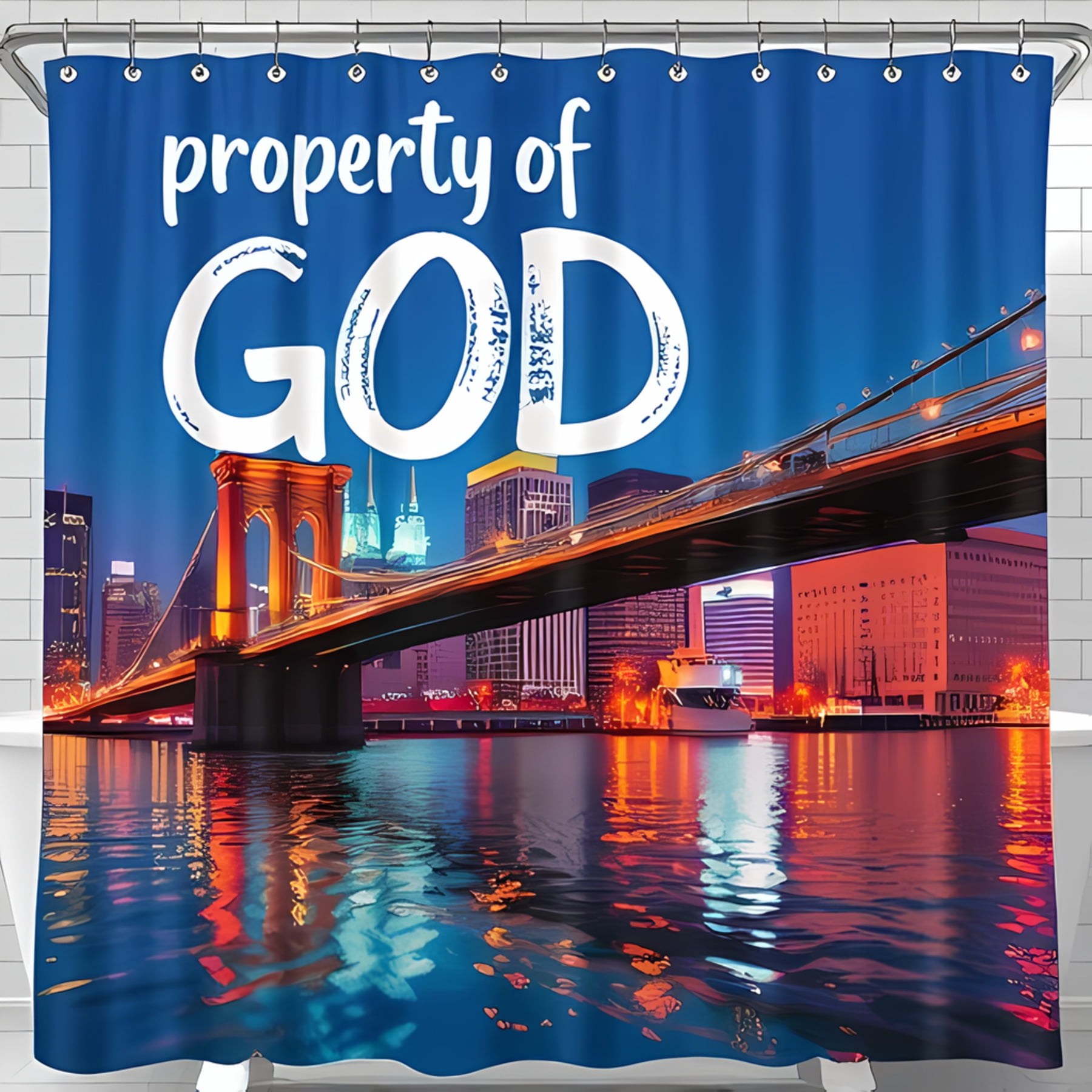 Bridge Nighttime Shower Curtain - Vibrant Urban Scene with 'Property of ...