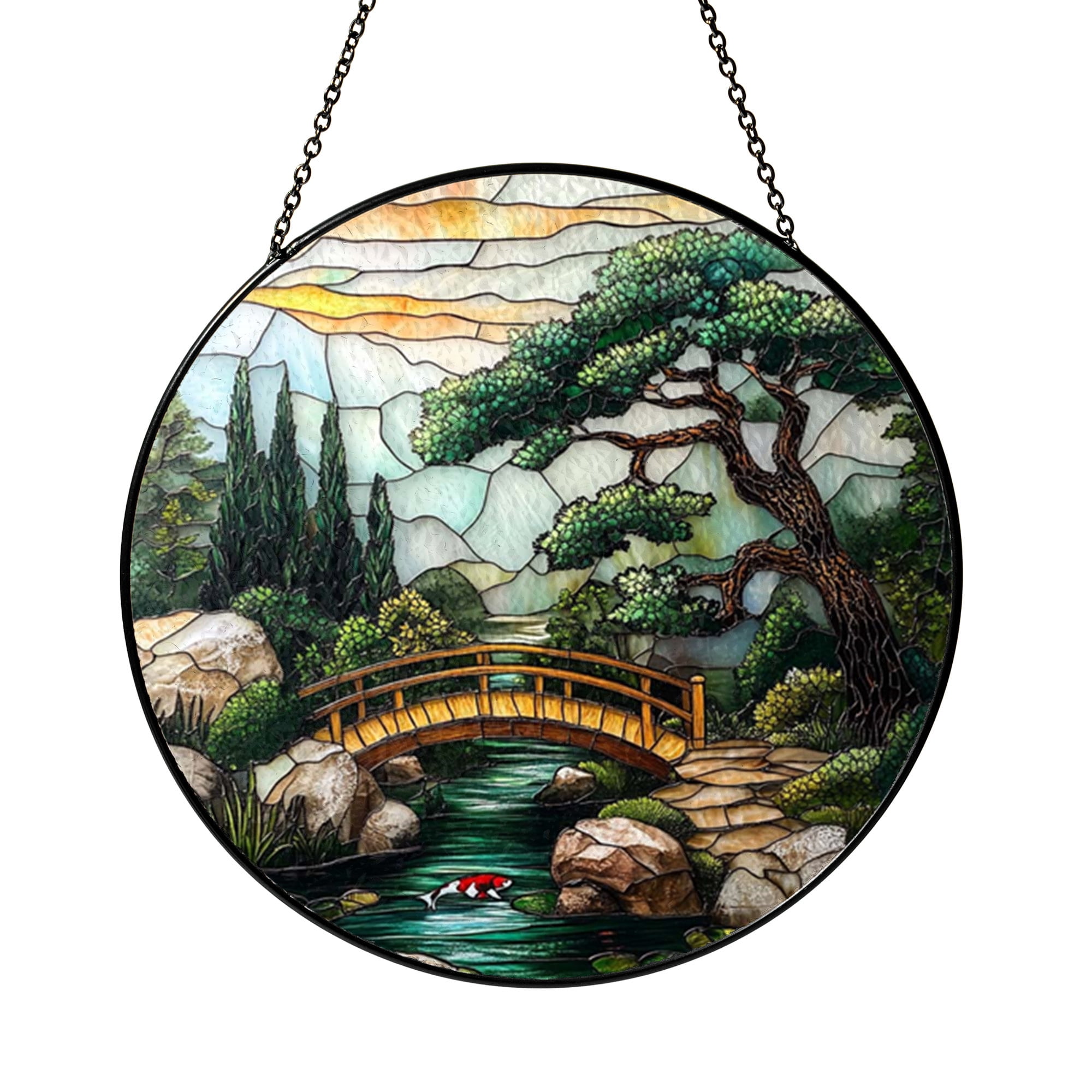 Bridge and Pond Stained Glass Suncatcher Window Hanging, Nature ...