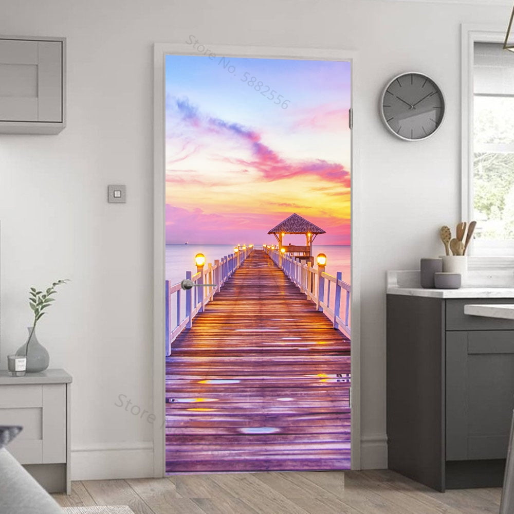 Bridge Scenery Sunset Blue Sky Door Stickers SelfAdhesive Sea Mural for ...