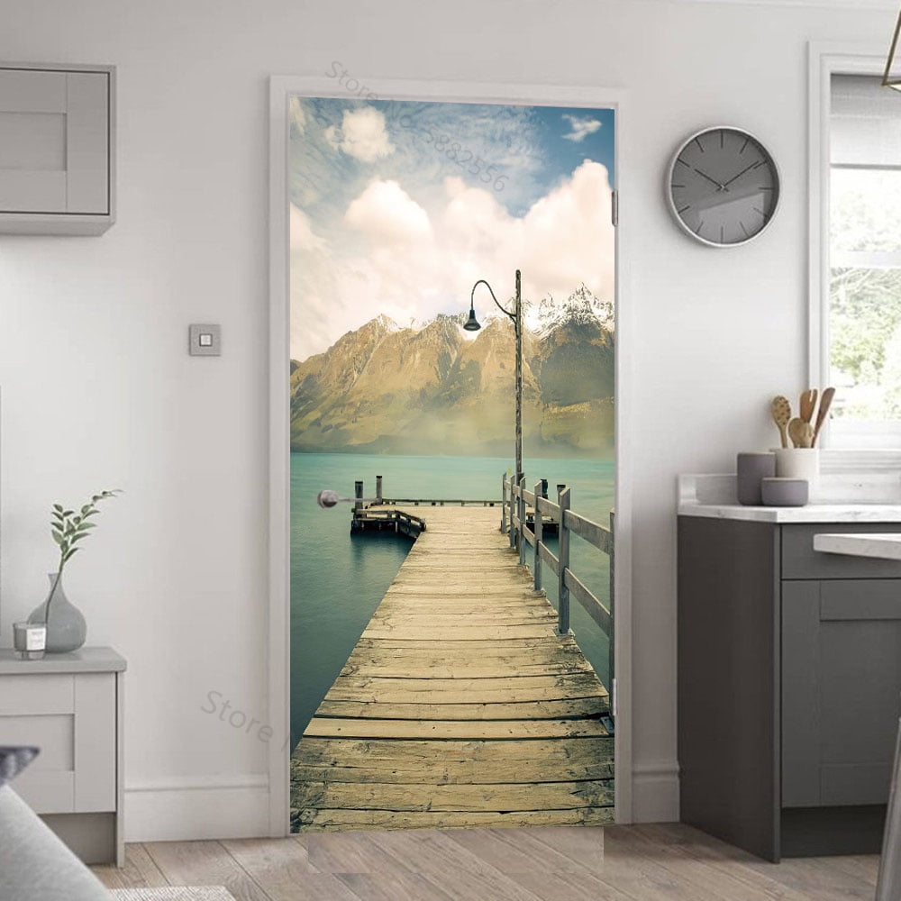 Bridge Scenery Sunset Blue Sky Door Stickers SelfAdhesive Sea Mural for ...