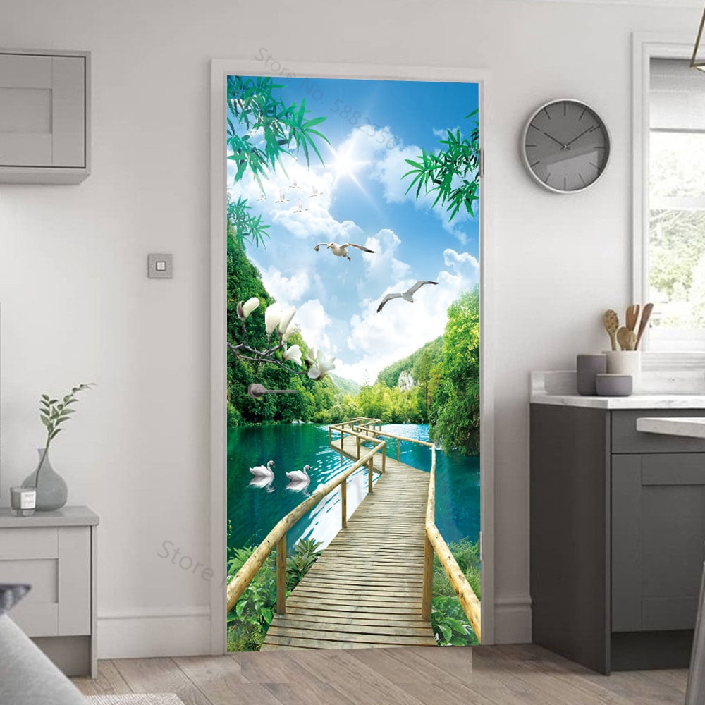 Bridge Scenery Sunset Blue Sky Door Stickers SelfAdhesive Sea Mural for ...