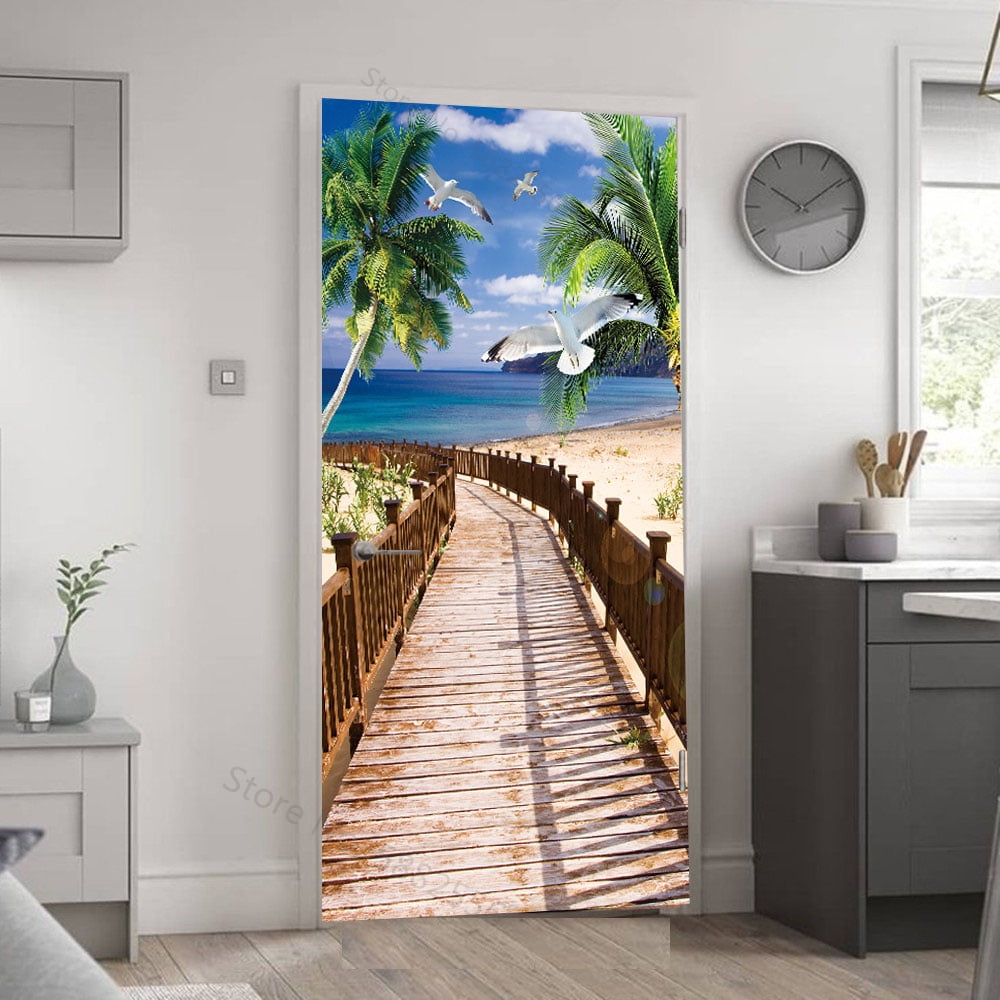 Bridge Scenery Sunset Blue Sky Door Stickers SelfAdhesive Sea Mural for ...