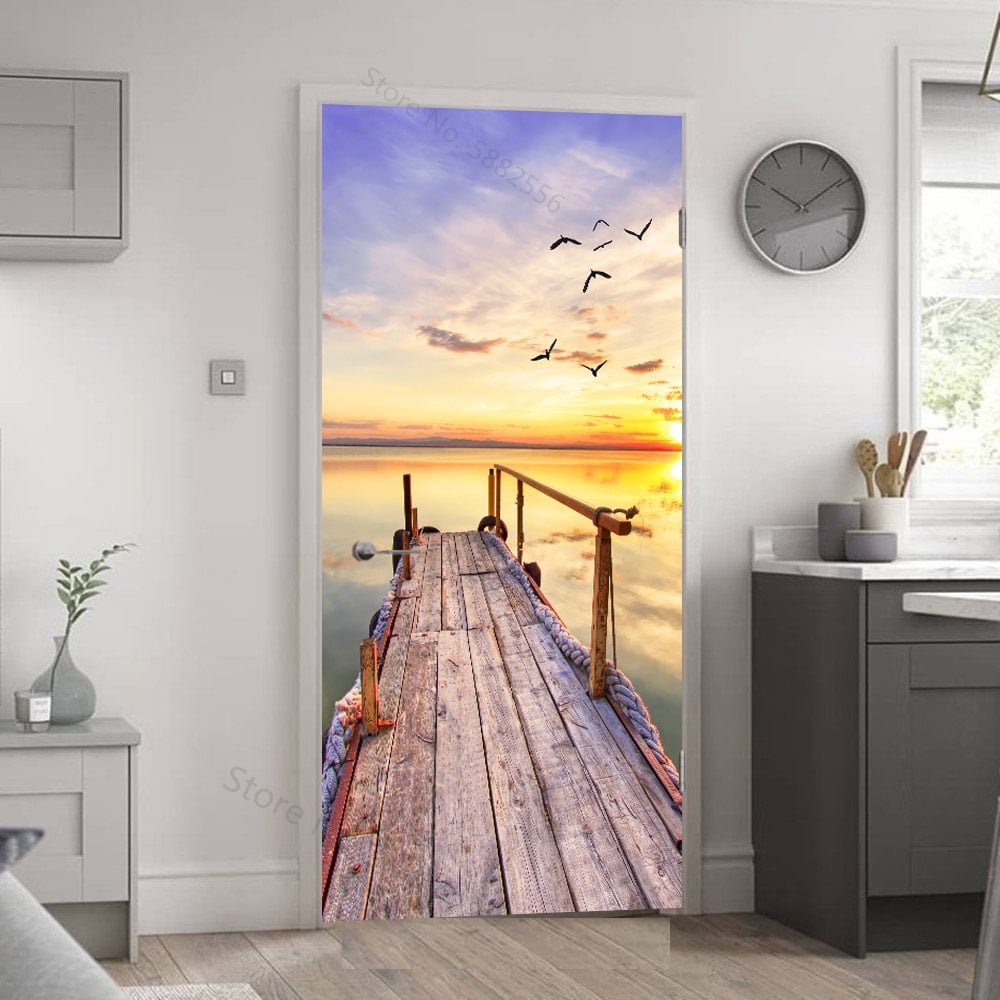 Bridge Scenery Sunset Blue Sky Door Stickers SelfAdhesive Sea Mural for ...