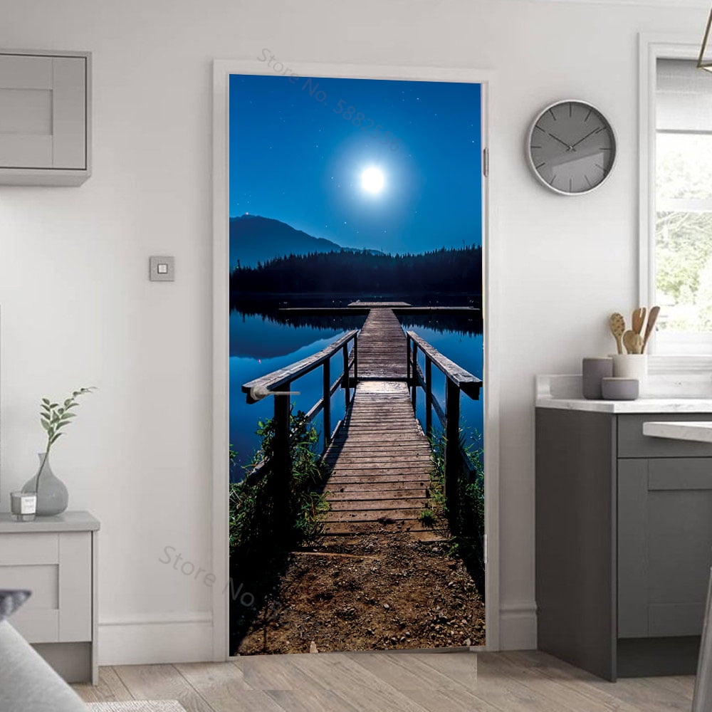 Bridge Scenery Sunset Blue Sky Door Stickers SelfAdhesive Sea Mural for ...