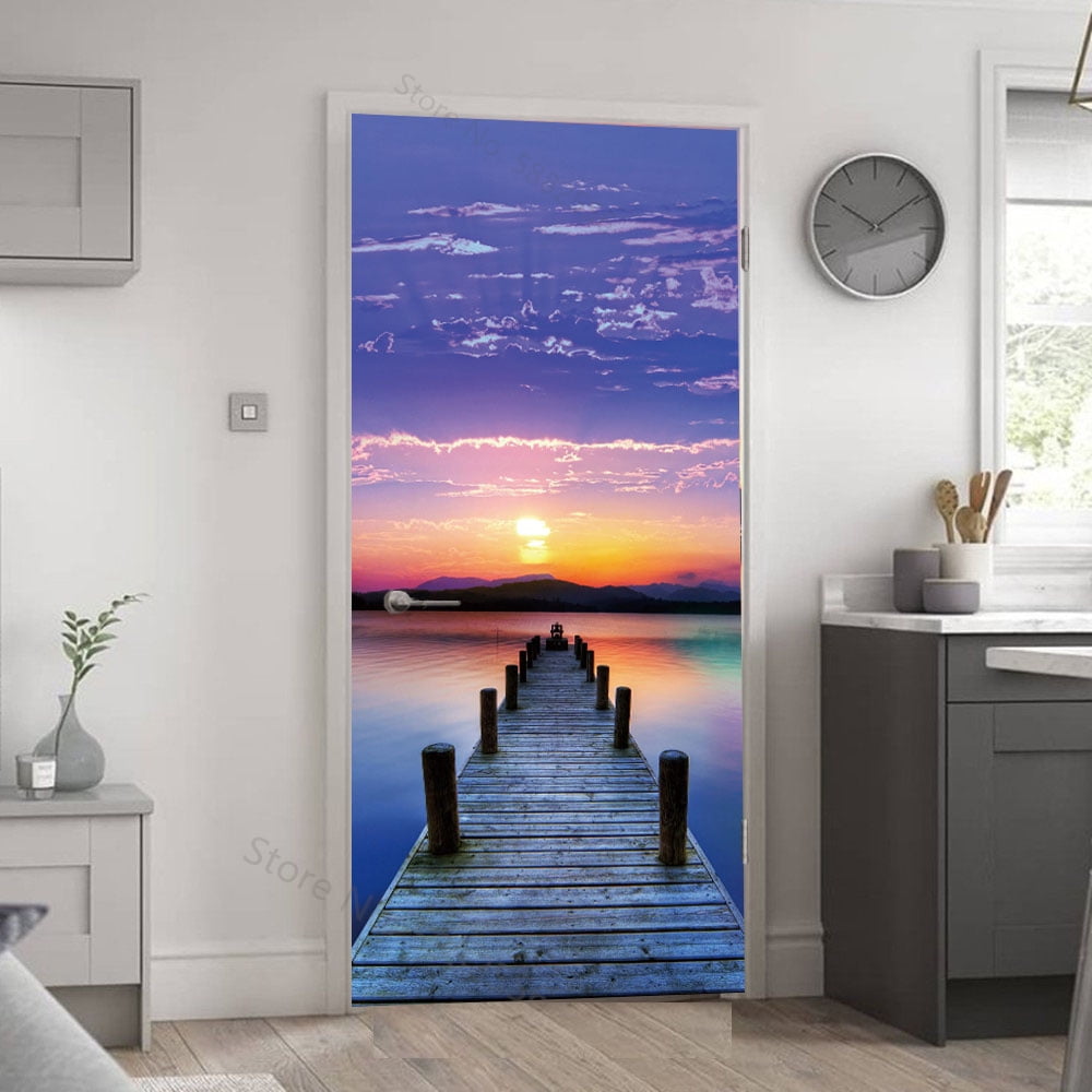 Bridge Scenery Sunset Blue Sky Door Stickers SelfAdhesive Sea Mural for ...