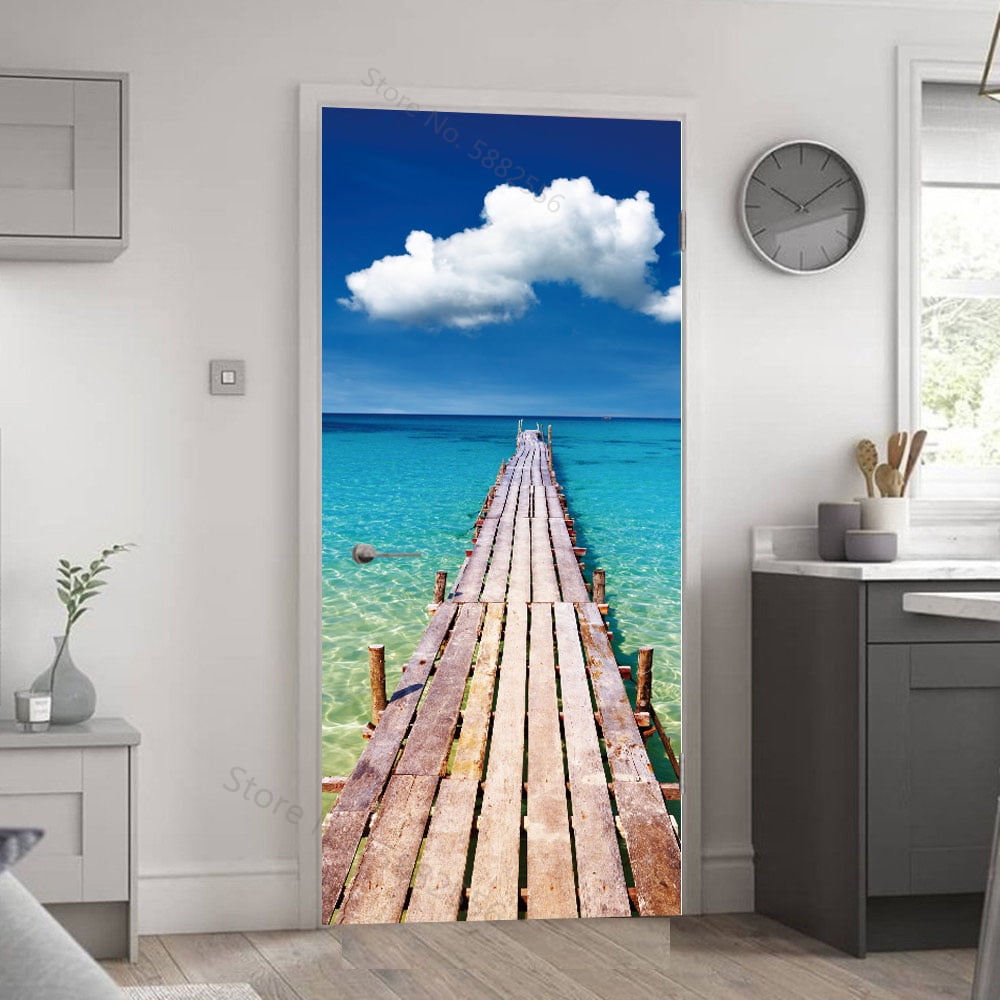 Bridge Scenery Sunset Blue Sky Door Stickers SelfAdhesive Sea Mural for ...