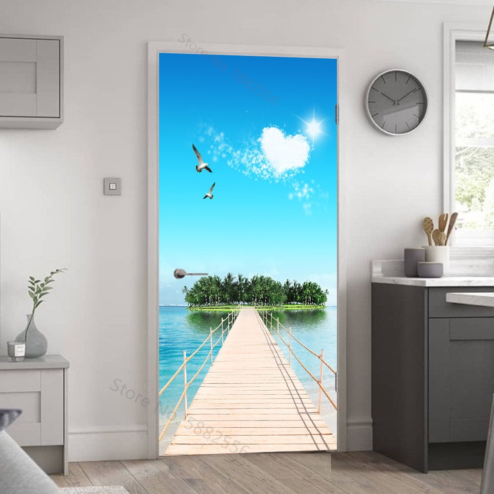 Bridge Scenery Sunset Blue Sky Door Stickers SelfAdhesive Sea Mural for ...