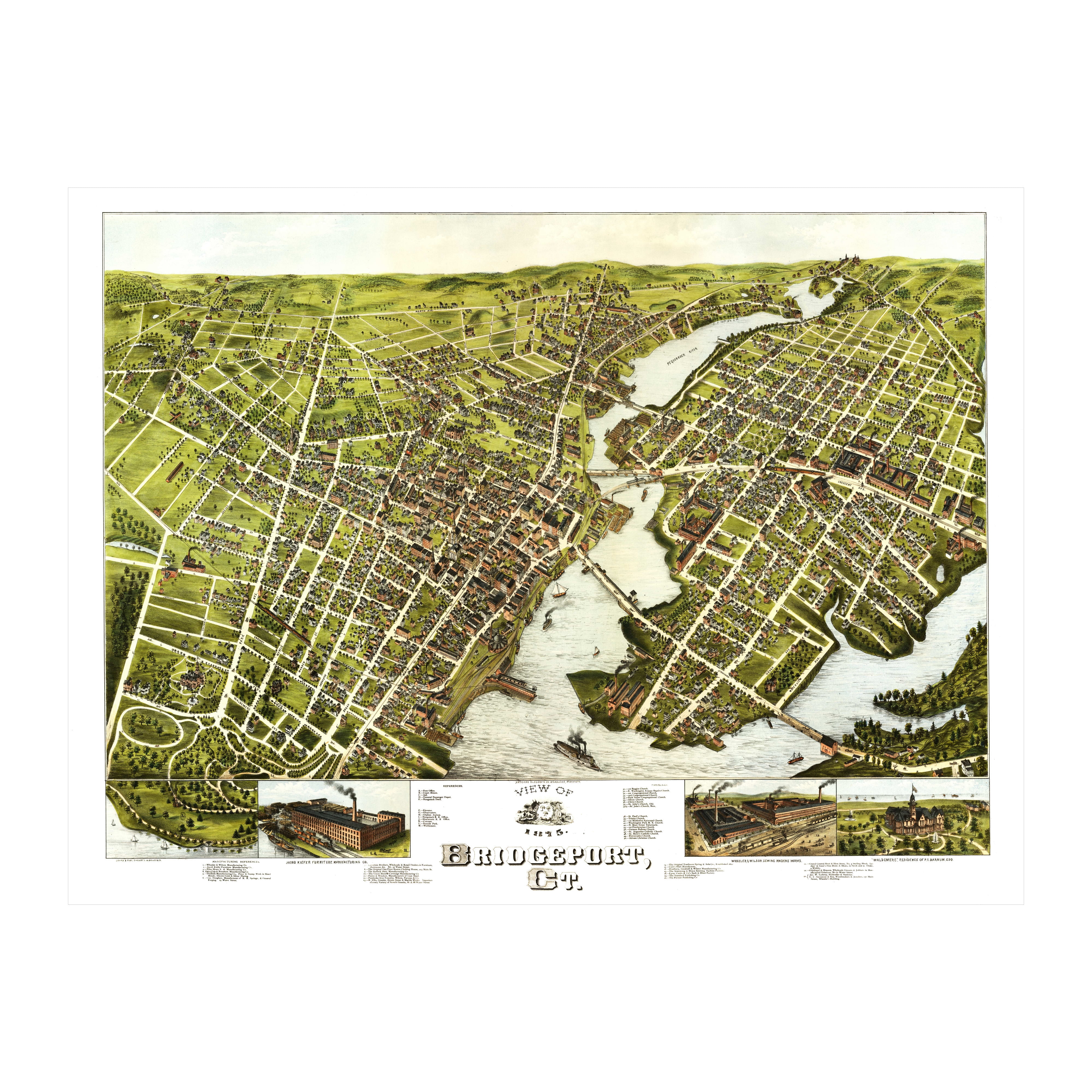 Bridgeport Art, 1875 Vintage Map of Bridgeport Connecticut, CT History ...