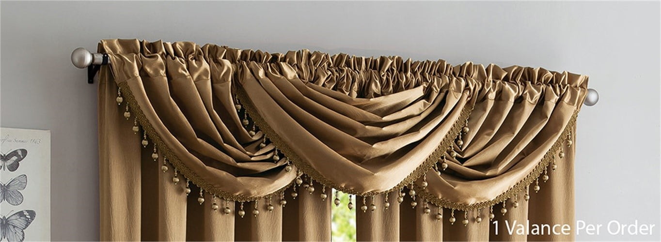 Bridget Crushed Satin Waterfall Valance With Decorative Fringe, Gold ...