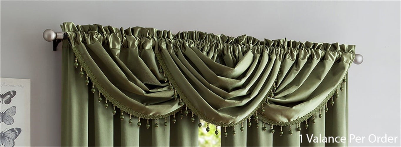 Bridget Crushed Satin Waterfall Valance With Decorative Fringe, Sage ...
