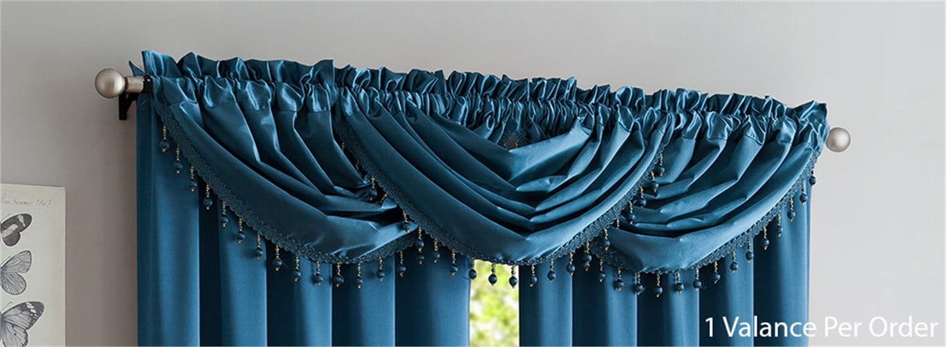 Bridget Crushed Satin Waterfall Valance With Decorative Fringe, Smoke ...