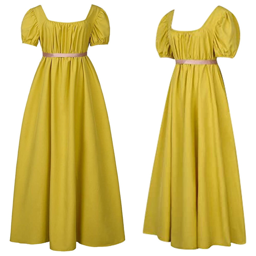 Bridgetton cos vintage Regent dress high waist dance dress Victorian tea dress-Yellow-L ...