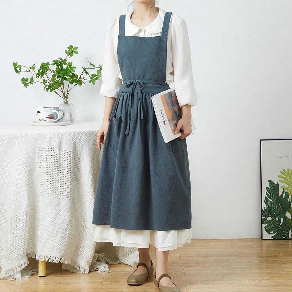 Brief Nordic Wind Pleated Skirt Cotton Linen Apron Women Girls Vintage ...