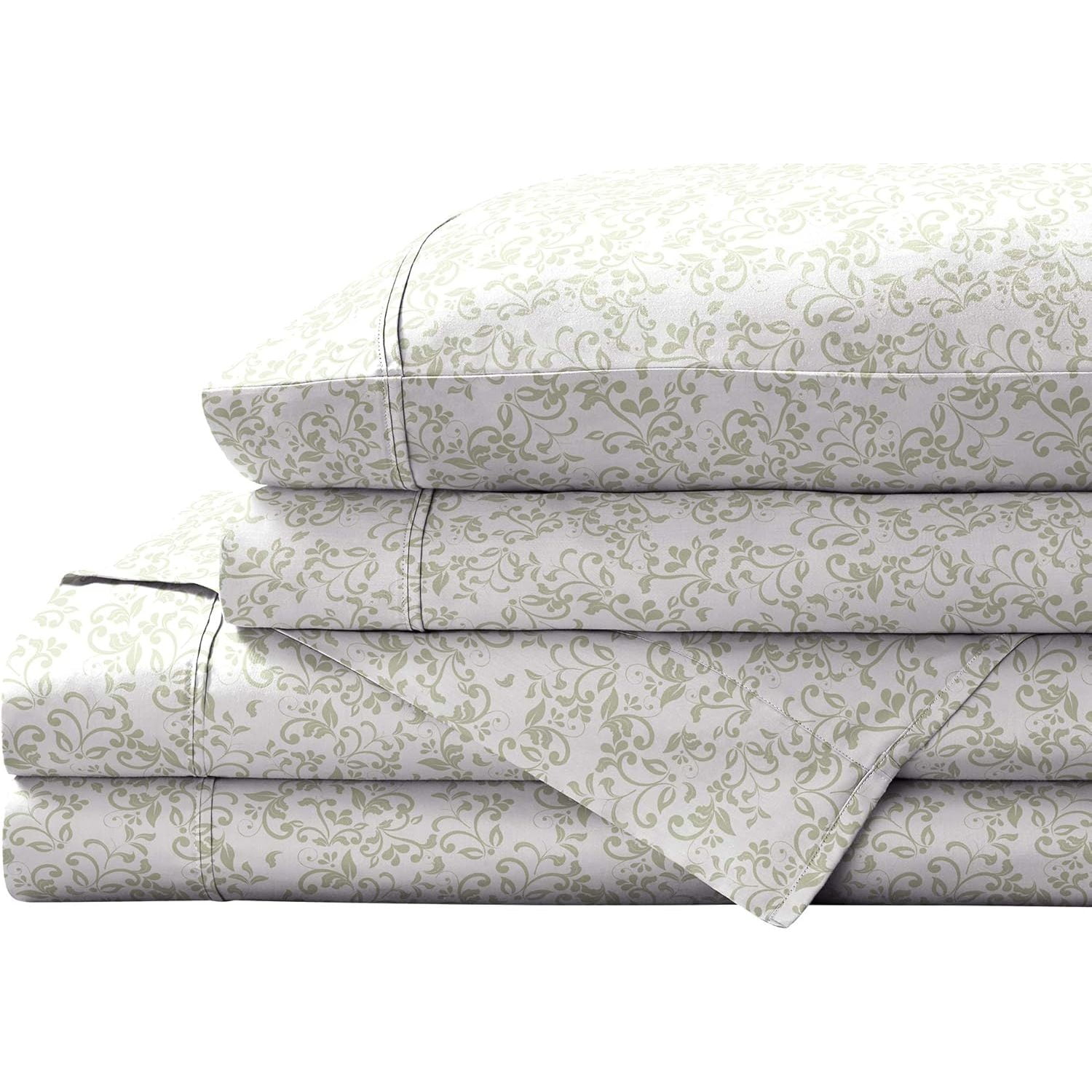 Brielle Printed 100% Cotton Percale Sheet Set, Green Vines, King ...