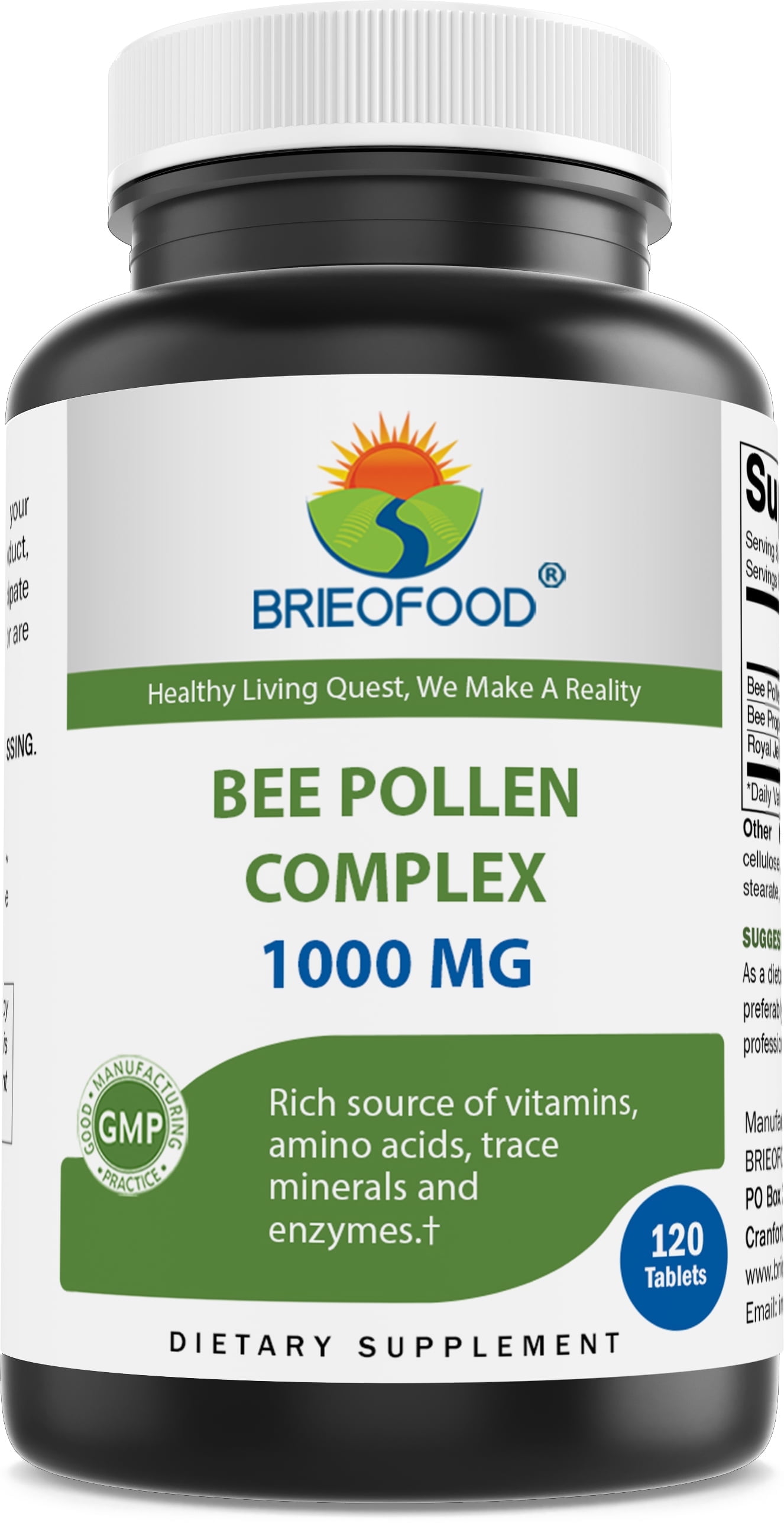 Brieofood Bee Pollen Complex, 1000 mg, 120 Tablets, Made with Bee ...