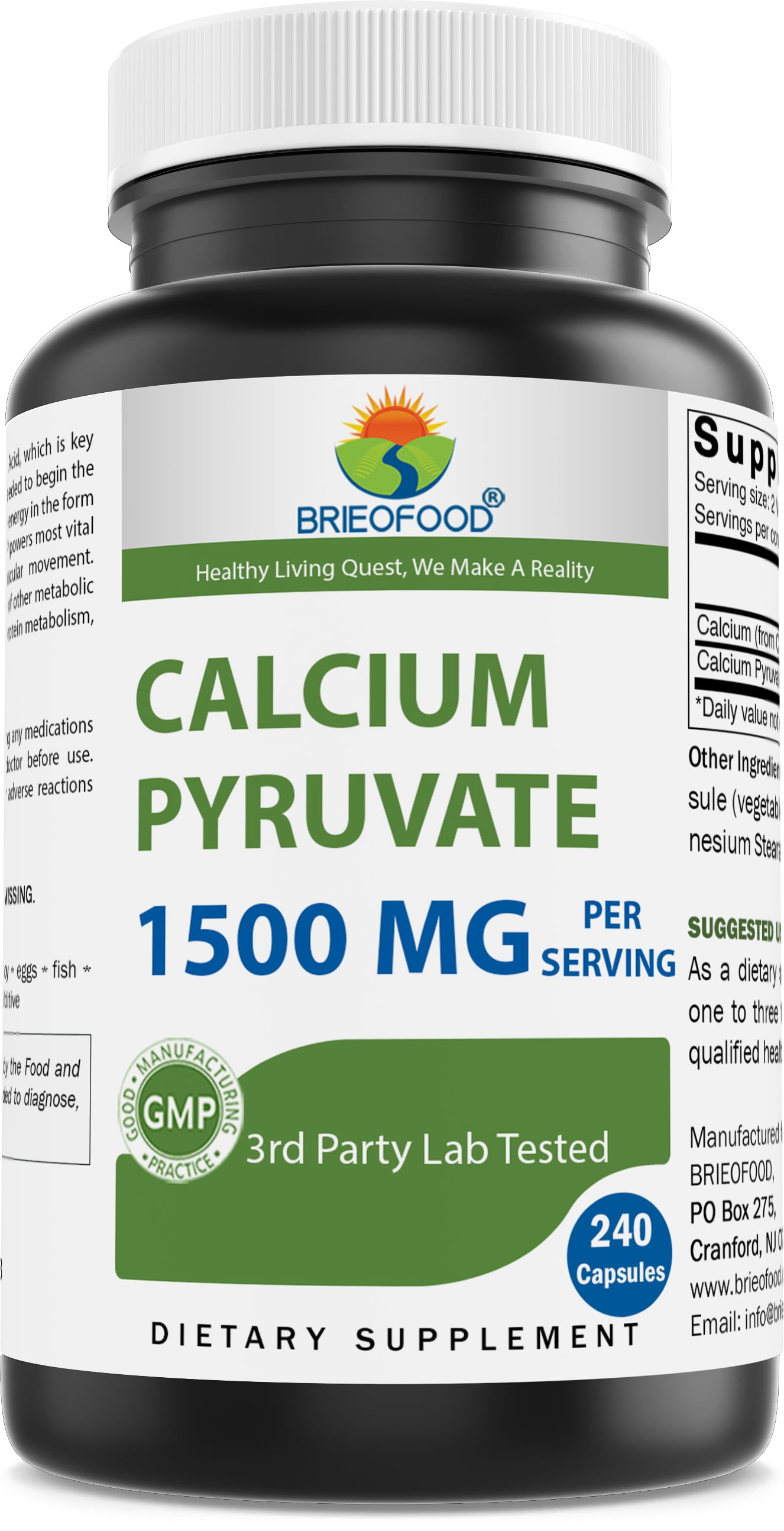 Brieofood Calcium Pyruvate 1500mg per Serving - 240 Vegetarian Capsules ...